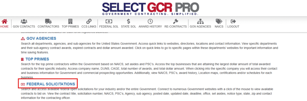Select GCR Pro Searching Federal Solicitations - Government Contracting ...